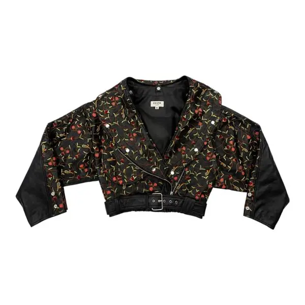 ZASTASTUDIO Embroidered Crop Leather Jacket - Black