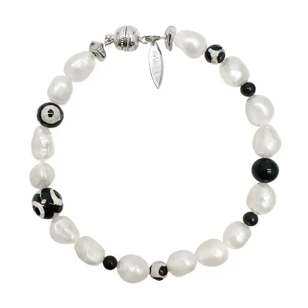 FARRA Freshwater Pearls And Black Dzi Agate Bead Bracelet - White