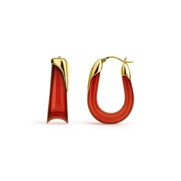 GOLD & HONEY Sculpted U Lucite Hoop Earrings With Garnet - Gold/red