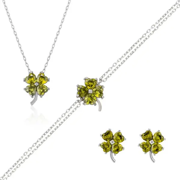 SPERO LONDON Four Leaf Clover Earrings Bracelet And Necklace Set - Green/silver