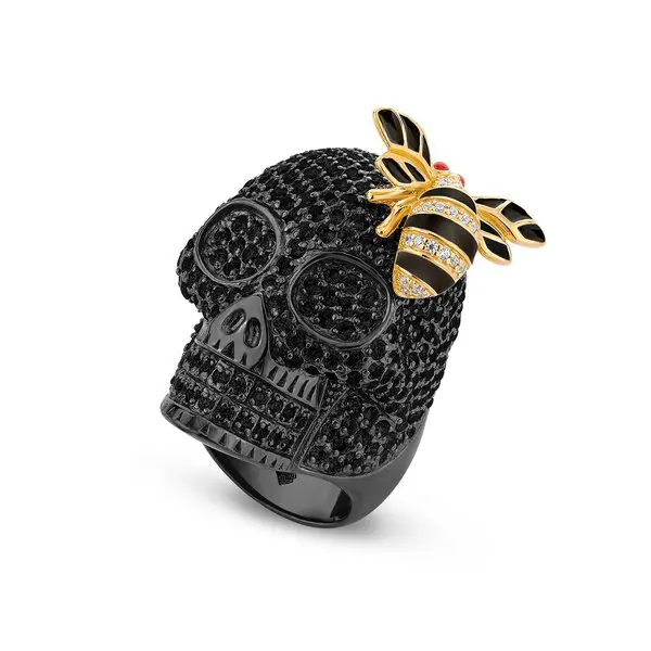 SALLY SKOUFIS Queen Bee" Skull Ring With Black Cz Diamonds And Black Enamel - Black/gold/white