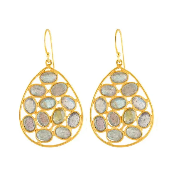OPIUM JEWELS Gold Vermeil Monsoon Jali Drop Earrings Labradorite - Gold/grey