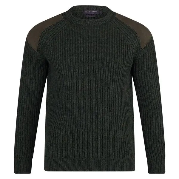 PAUL JAMES KNITWEAR Chunky British Wool Hardy Ribbed Shooting Jumper - Green