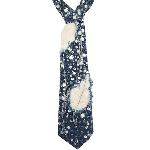 NANDANIE Denim Crystal Frayed Petite Necktie - Blue