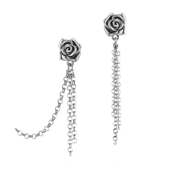 UNALOE Sterling Asymmetric Rose Chain Drop Earrings - Silver