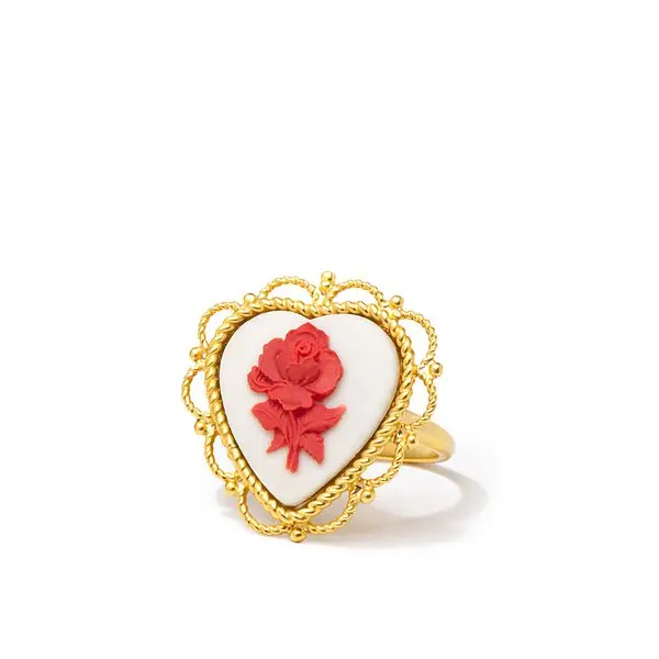 VINTOUCH ITALY Heart Cameo Ring With Red Rose Motif - Red/gold/white