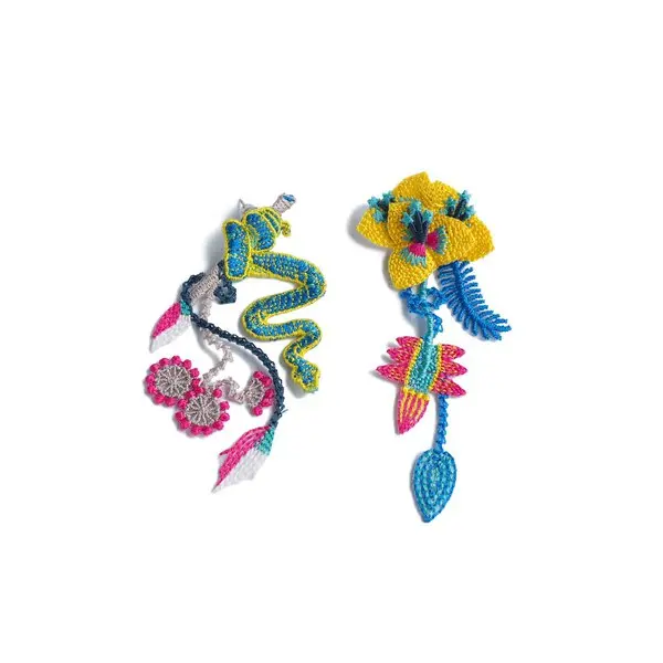 NANA WATANABE Garden Snake Floral Embroidered Earrings - Yellow