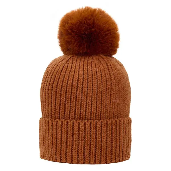 AT LAST... Chunky Cashmere Beanie With Faux Fur Pom Pom - Brown
