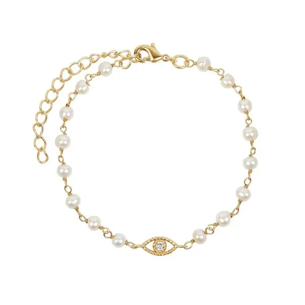 KARMA AND LUCK Dreamlike Protection Pearl Evil Eye Charm Bracelet - Gold/white