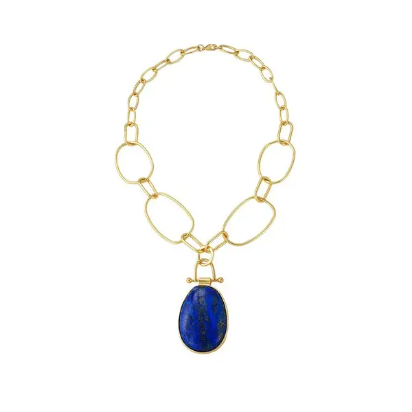 RARE MATTERS JEWELRY Luxe Oval Lapis Pendant Chain Necklace - Blue/gold