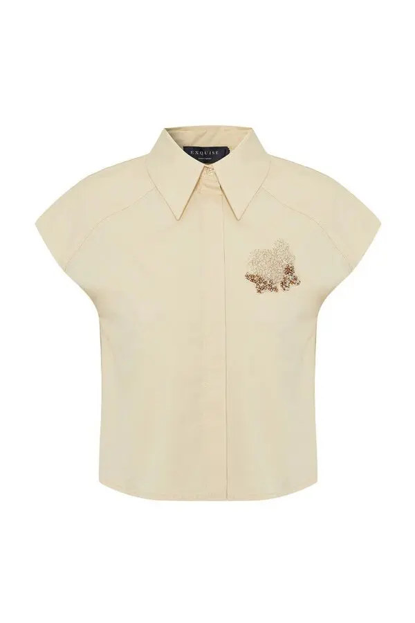 EXQUISE Embroidered Cotton Crop Shirt