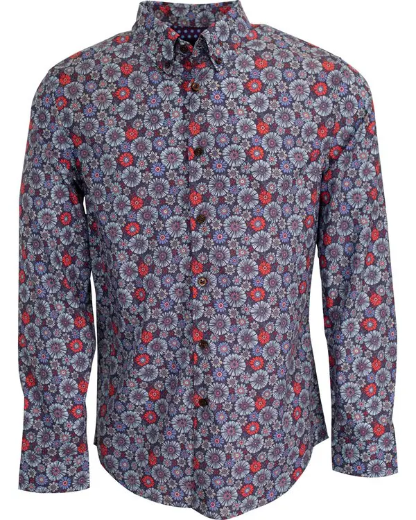 LORDS OF HARLECH Blue / Red Mitchell Daisy Geo Shirt In Blue - Blue/red