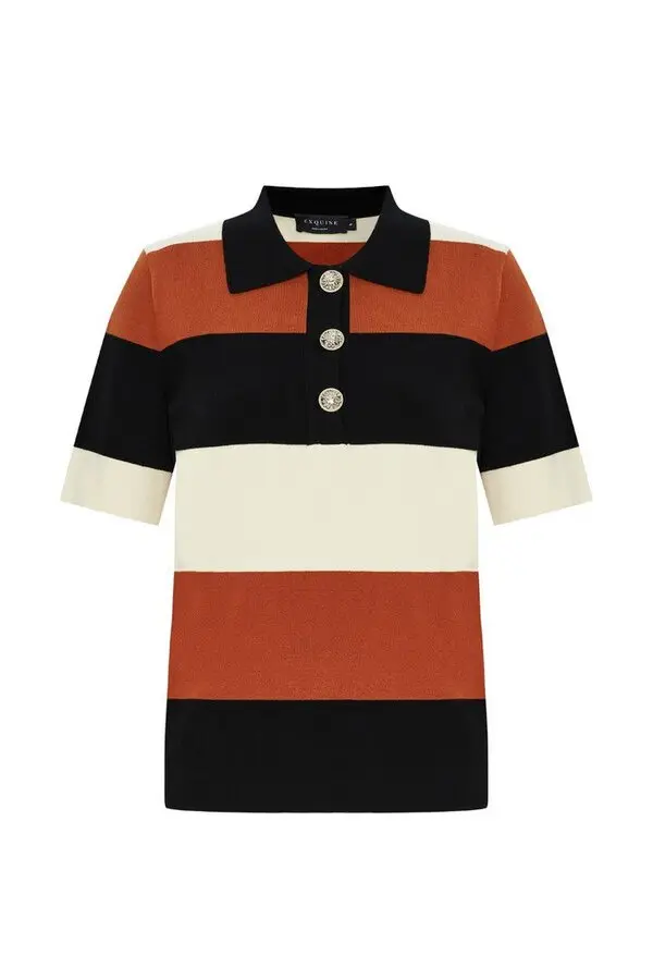 EXQUISE Regular Polo Collar Striped Knit Aidanne Blouse