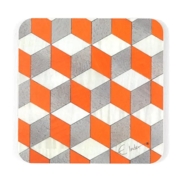 E. INDER DESIGNS Six Coasters In Vibrant Tangerine White & Light Grey. In A Bold Geometric Pattern. Heat Proof Melamine - Orange/white