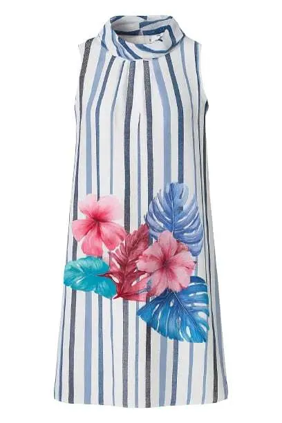 CONQUISTA Printed Sleeveless Dress With Upright Collar - Blue