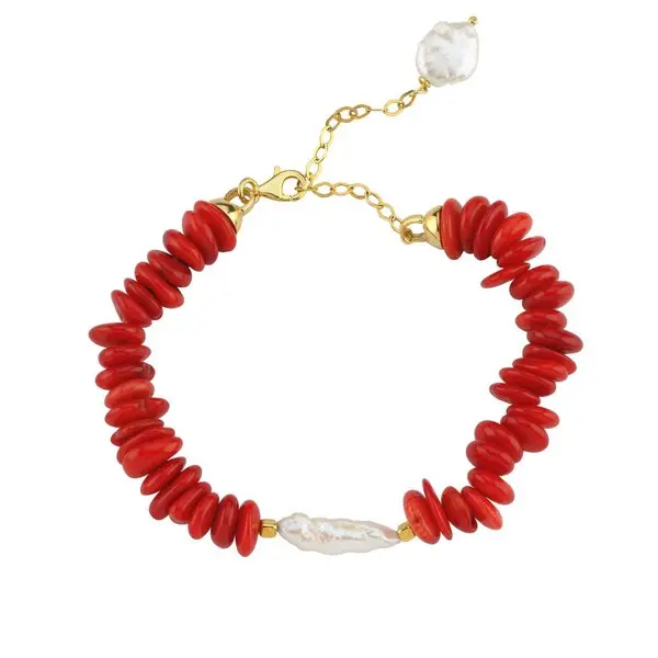 LINYA JEWELLERY Amorphous Baroque Pearl Red Coral Bracelet - Gold