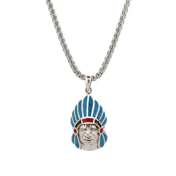 EBRU JEWELRY Brave Spirit Chief Pendant Necklace - Blue/red/silver