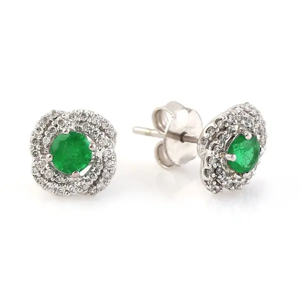 ARTISAN White / Green Emerald & Diamond Double Halo Stud Earrings In 14k White Gold - White/green
