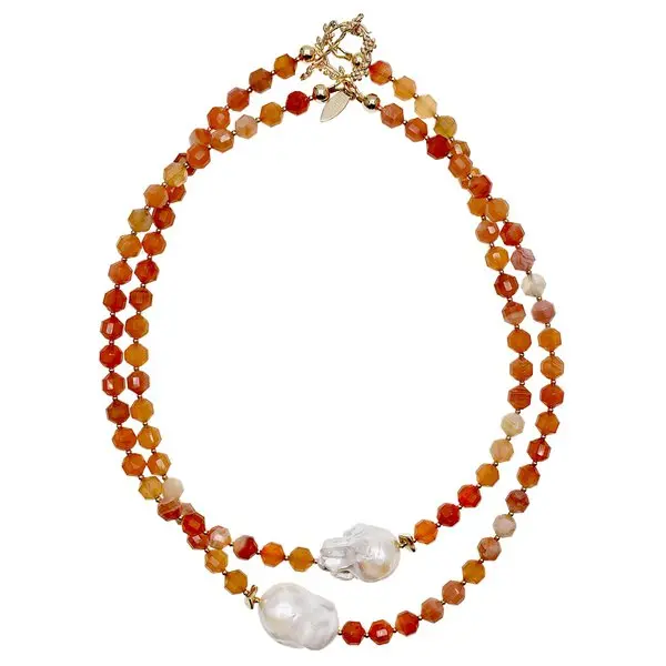 FARRA Agate And Baroque Pearl Double Strand Necklace - White/red