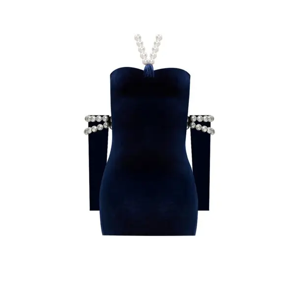 NUR KARAATA Velvet Mini Dress With Pearl Embellishments