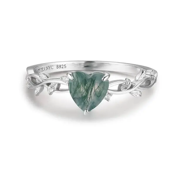 AZURA JEWELRY NEW YORK Everlasting Heart Moss Agate Ring - Silver