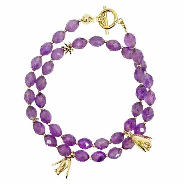 FARRA Amethyst Beaded Bracelet With Flower Charms - Purple