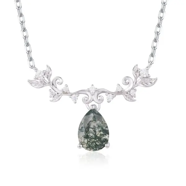 AZURA JEWELRY NEW YORK Foliage Whispers Moss Agate White Gold Vermeil Necklace - Silver