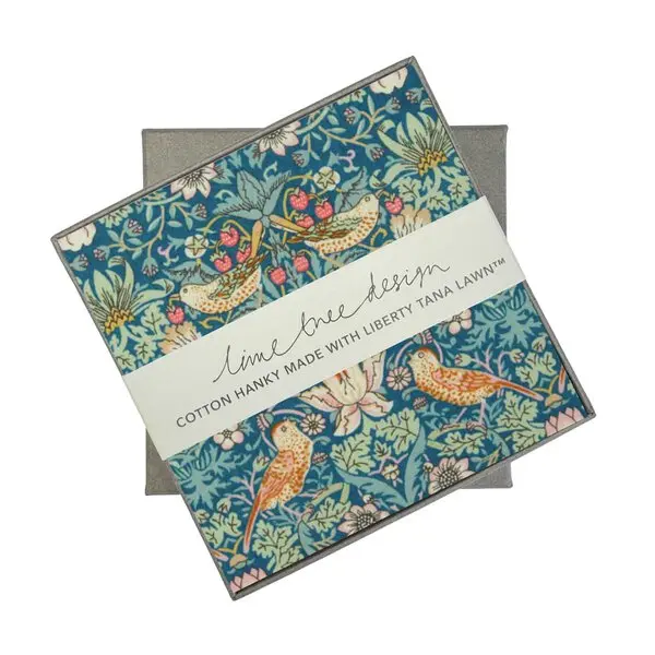 LIME TREE DESIGN Strawberry Thief Single Boxed Hanky Made With Liberty Fabric - Green