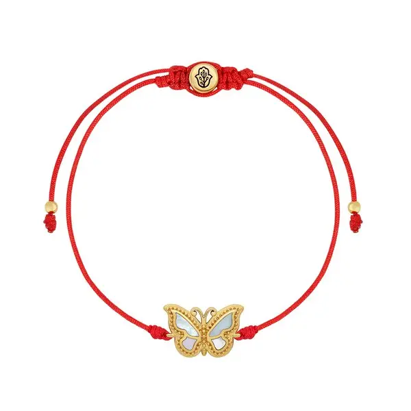 KARMA AND LUCK Mother Of Pearl Butterfly Charm Red String Bracelet - Red/white