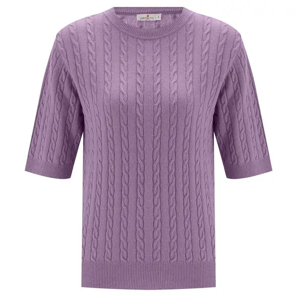 PERALUNA Nicole Cable Knit Cashmere Blend Short Sleeve Blouse - Purple