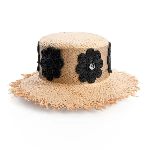 SIBI HATS Daisy Raffia Straw Hat With Floral Trimming - Black