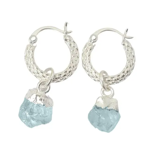 HARFI Raw Aquamarine Huggie Hoop Earrings - Silver/blue