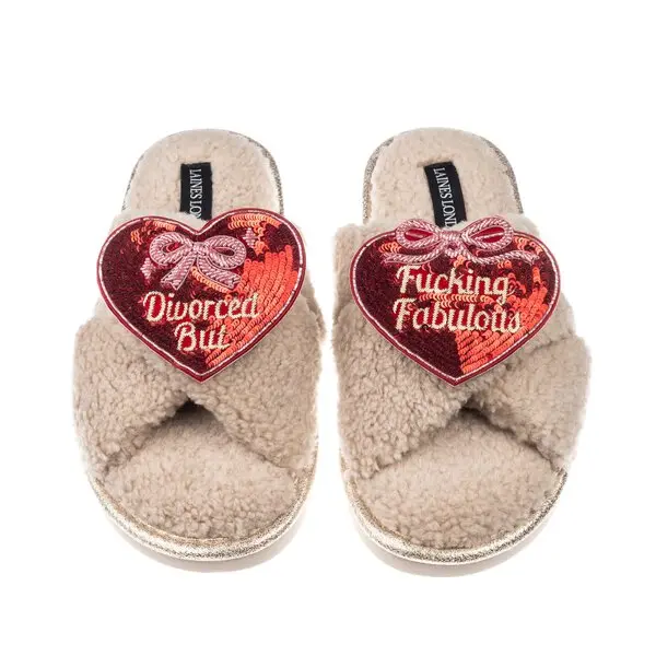 LAINES LONDON Neutral Boucle Slippers With Brooches - Brown/gold