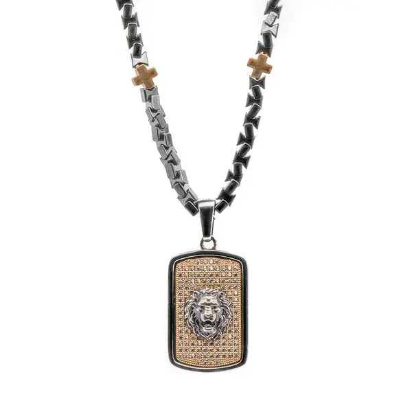 EBRU JEWELRY Sterling Silver Lion Pendant Hematite Stone Beaded Necklace - Silver/gold