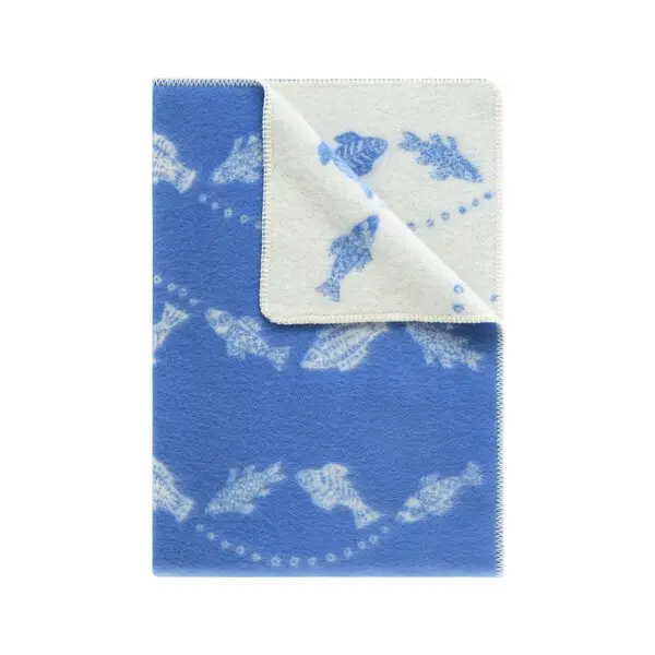 J.J.Textile Blue / White Fish Small Wool Blanket - Blue/white