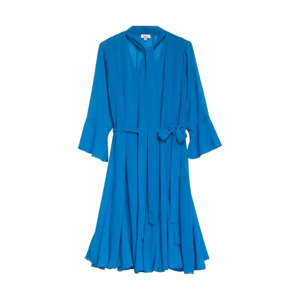 NIZA V-neck Belted Chiffon Dress With Ruffled Skirt And Flounce Sleeves - Blue