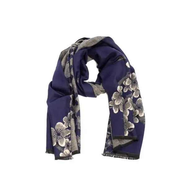 Saachi Two Color Floral Reversible Navy Scarf - Blue