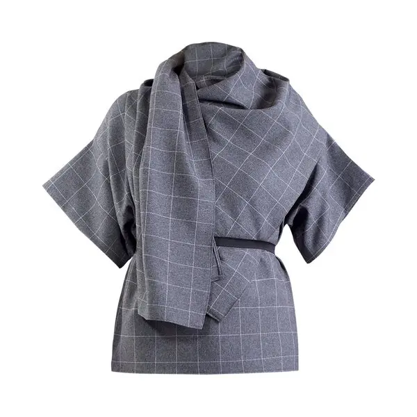 MEEM LABEL Grid Top With Draped Scarf - Black