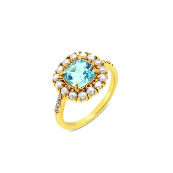 GEM BAZAAR JEWELLERY Cushion-cut Blue Topaz And Pearl Ring In 18k Gold Vermeil - White/gold/blue