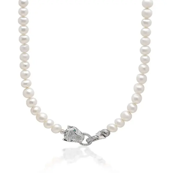 NIALAYA JEWELRY White Pearl Necklace With Panther Head Lock - Silver