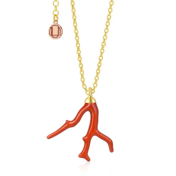 UNALOE Natural Red Coral Branch Necklace In Gold Plated Sterling Silver - Gold/red