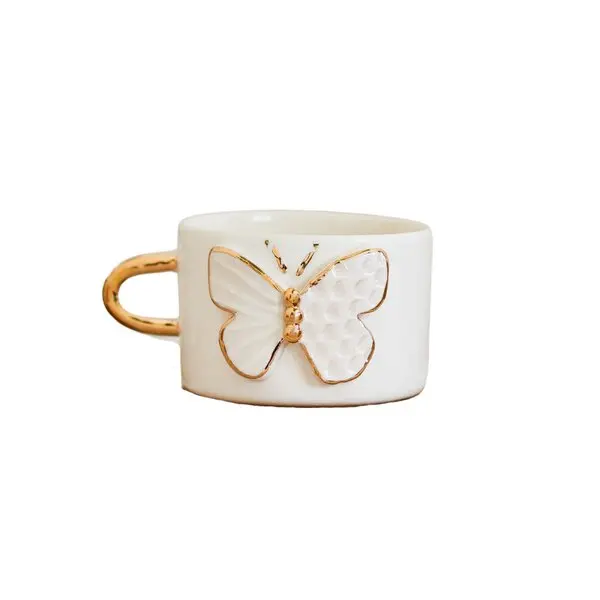 ANATOLIACRAFT Golden Butterfly Handmade Ceramic Mug - White