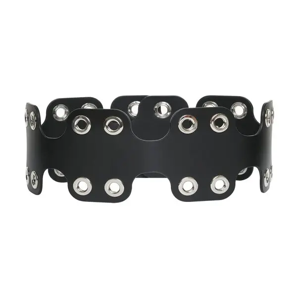HAUTE CUIR Annora Wide Leather Belt With Grommets - Black