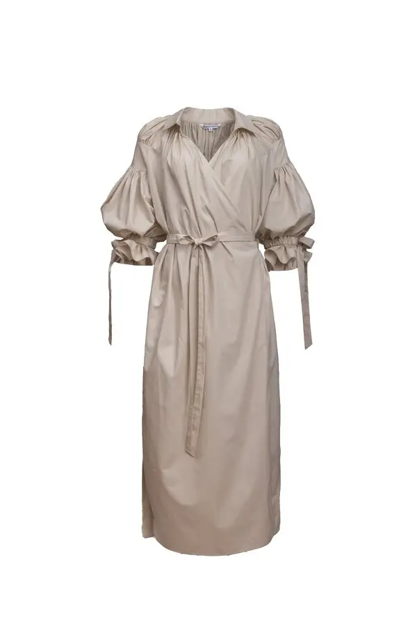 HELENE GALWAS Wrap Dress With Flounce Sleeves - Beige