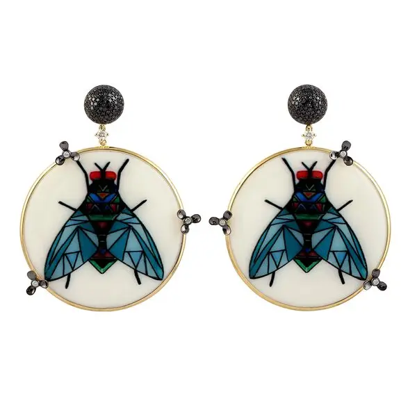ARTISAN 18k Yellow Diamond And Enamel Fly Disc Earrings - Gold