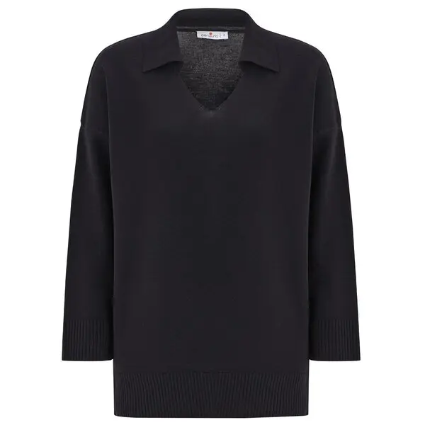 PERALUNA Polo V-neck Knit Pullover - Black