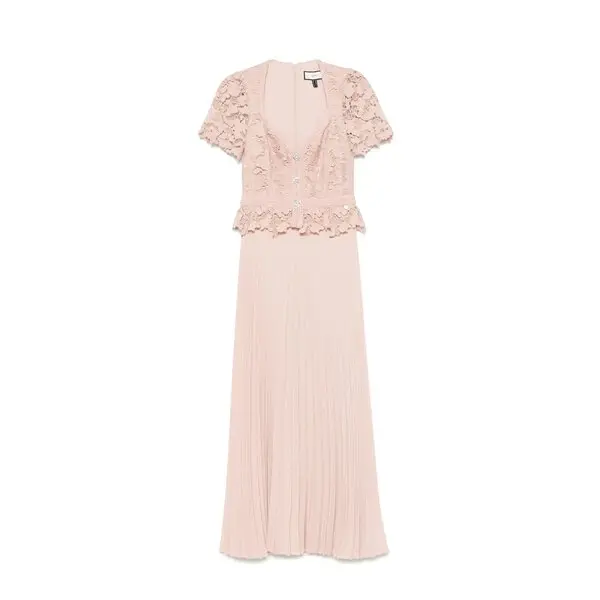 NISSA Pleated Lace Midi Dress - Pink