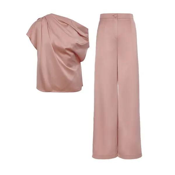 BLUZAT Asymmetrical Draped Top With Wide Leg Trousers Set