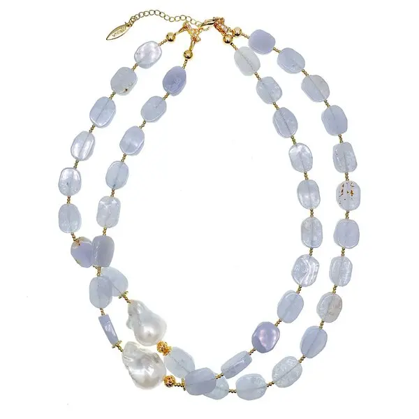 FARRA Blue Lace Agate Double Strand Necklace - Blue/white