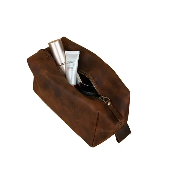 LEATHERE Handmade Leather Makeup Bag - Brown